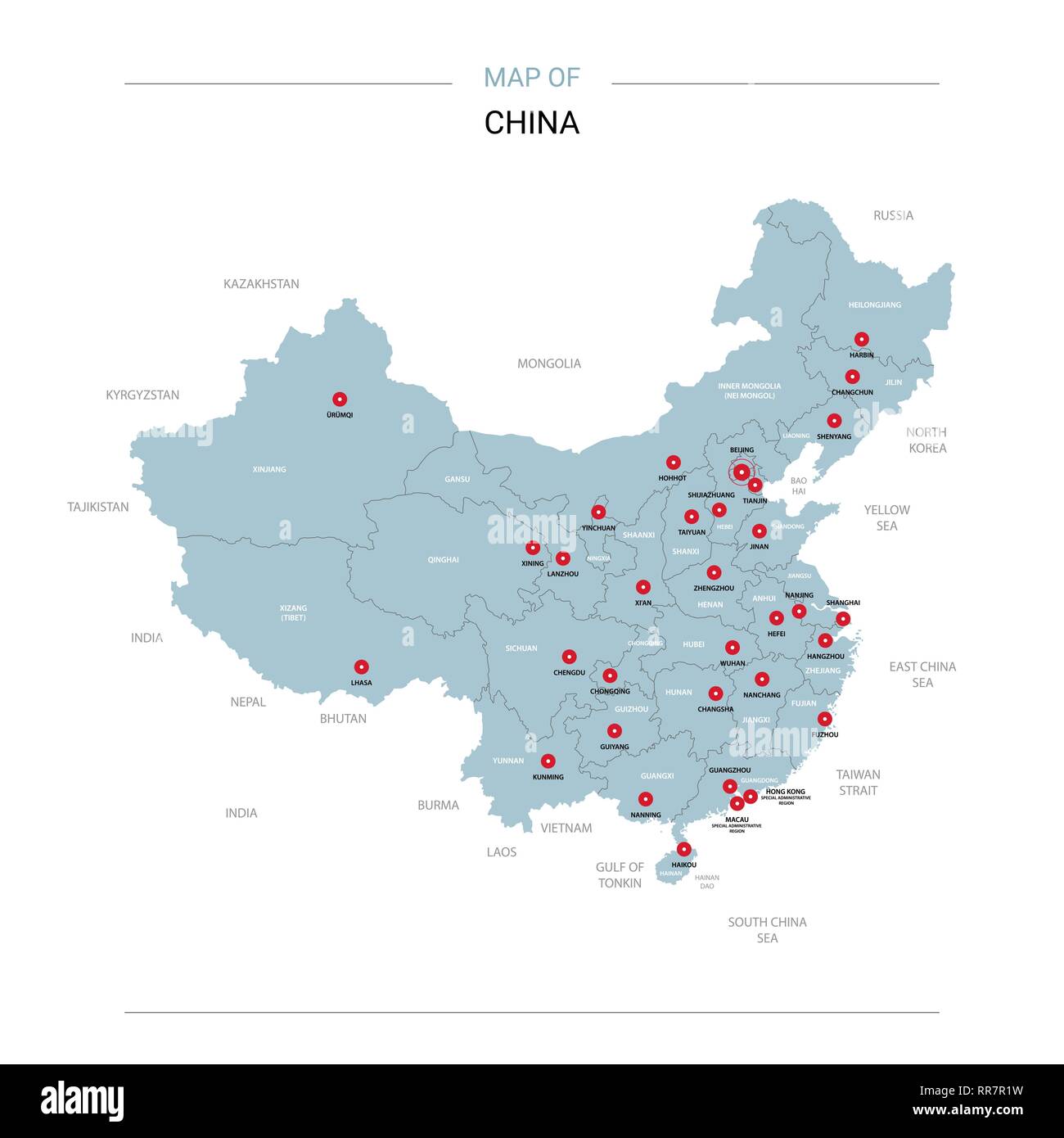 China vector map. Editable template with regions, cities, red pins and ...