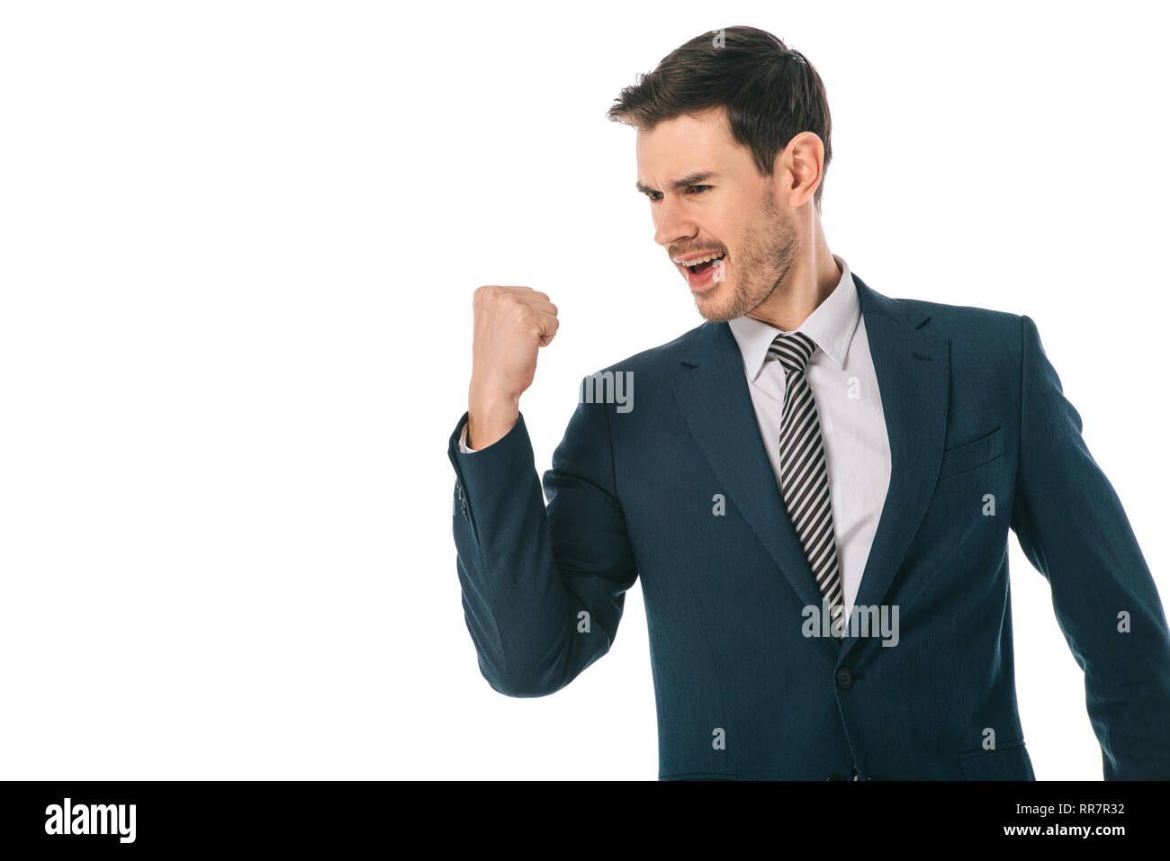 excited successful businessman celebrating triumph isolated on white ...