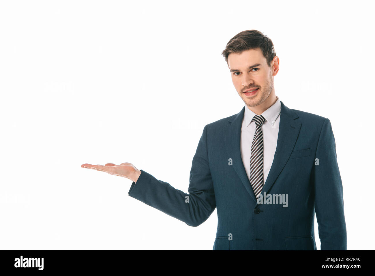 successful businessman presenting something isolated on white Stock ...
