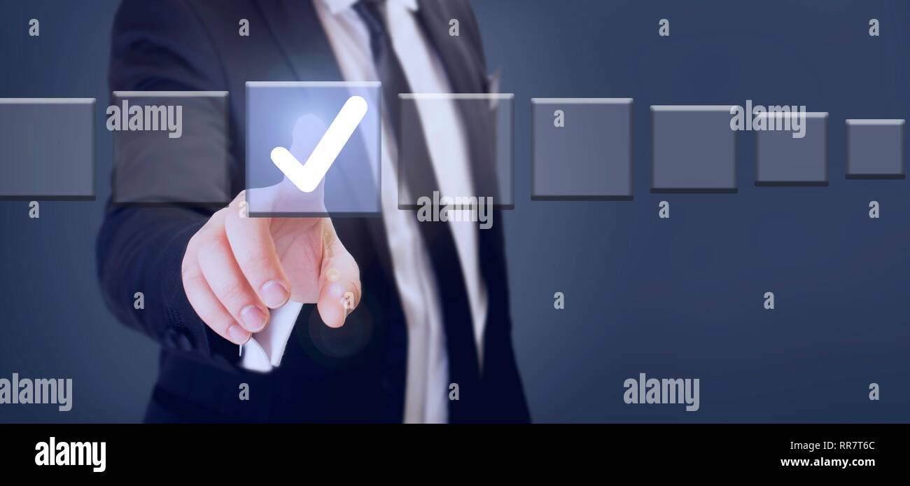 businessman touch and click check sign on transparent sccreen Stock ...
