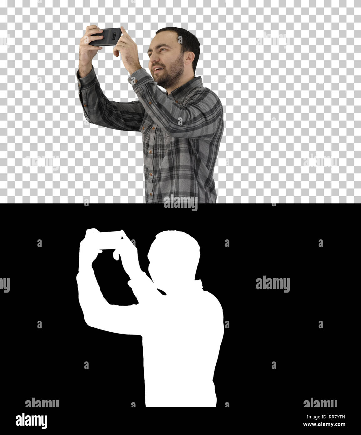 On Alpha Matte. Medium shot side view. Young man taking a selfie, Alpha ...