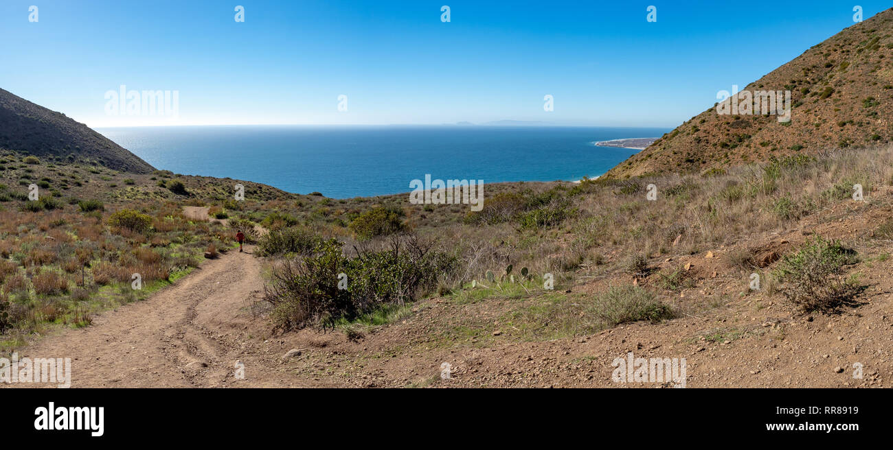 Boy walking at trailhead, Chumash and Mugu Peak trail, Point Mugu State ...
