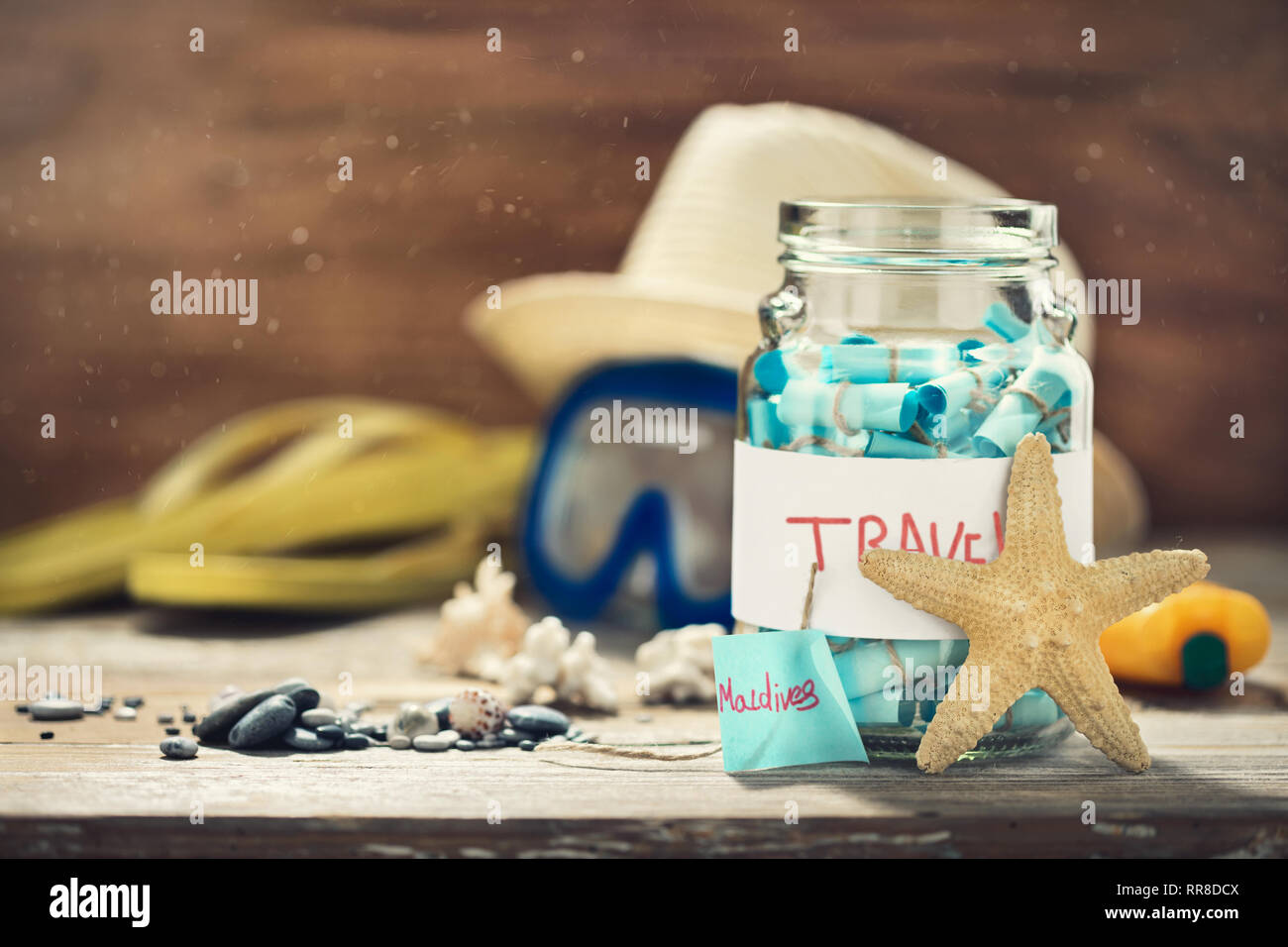 Vacation planning Creative travel concept Glass jar with list of ...