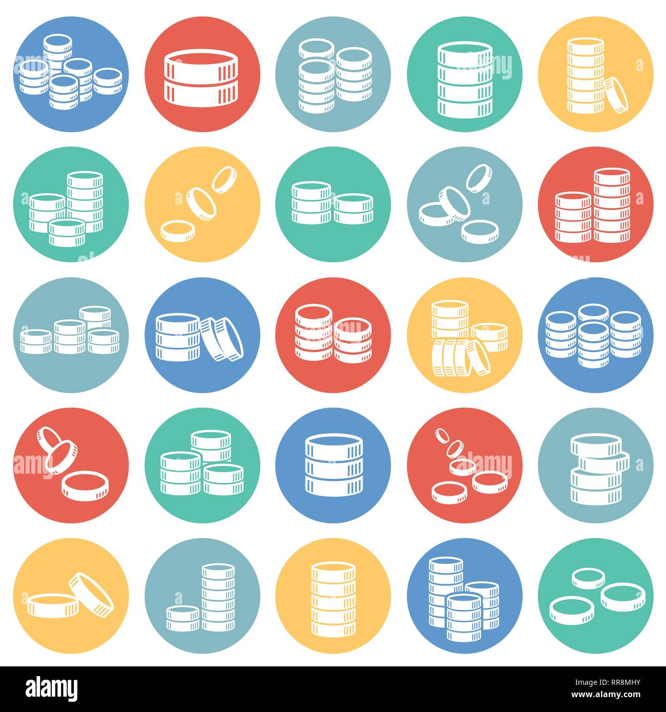 Coin icons set on color circles white background for graphic and web ...
