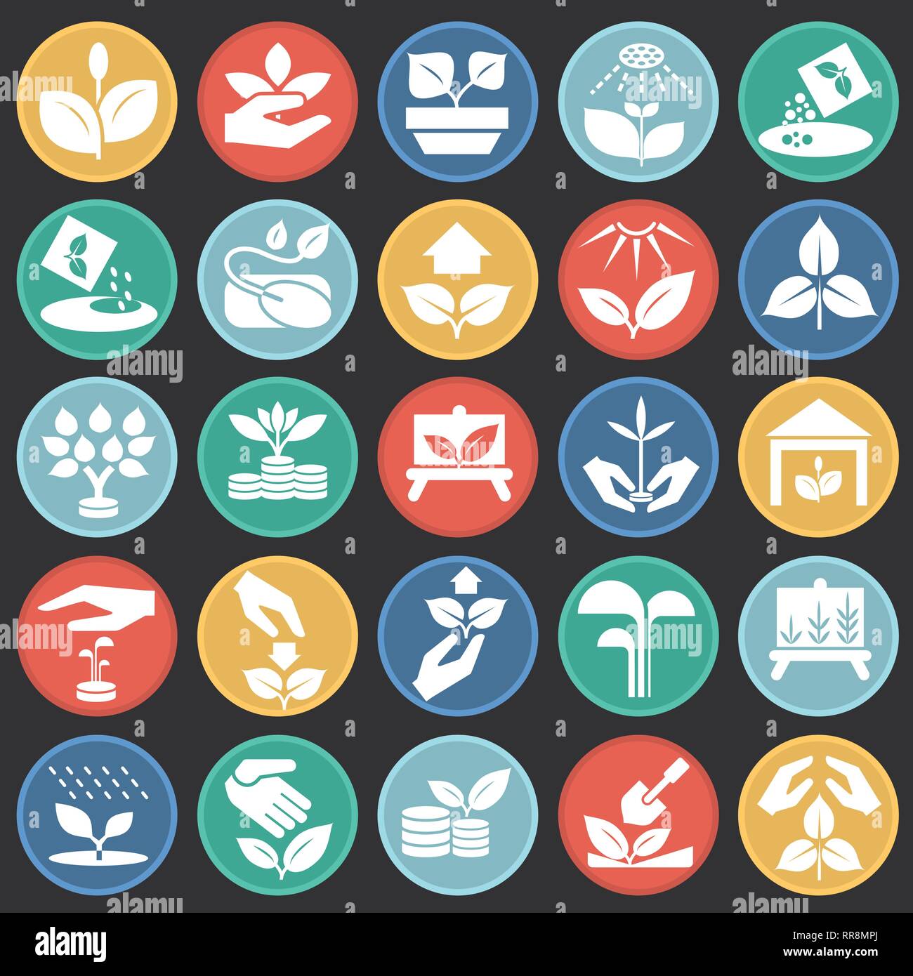 Grow icons set on color circles black background for graphic and web ...