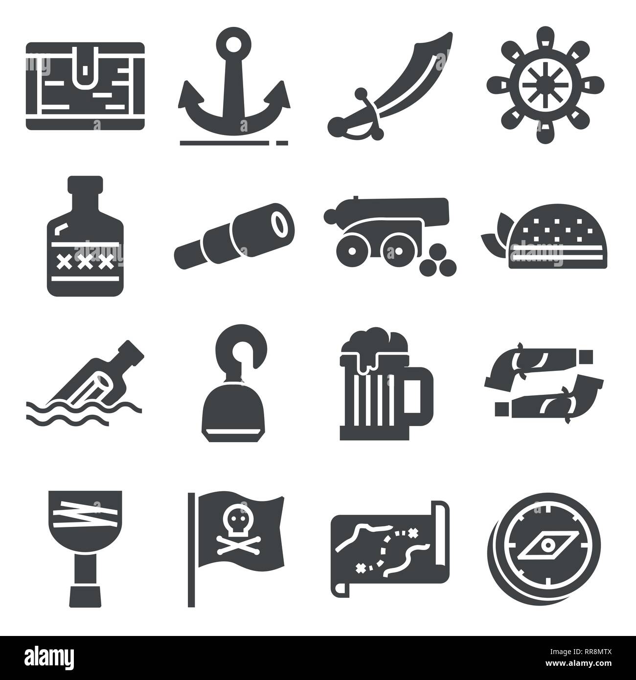 pirates icons set sabre, hook,, old ship, spyglass, treasure chest ...