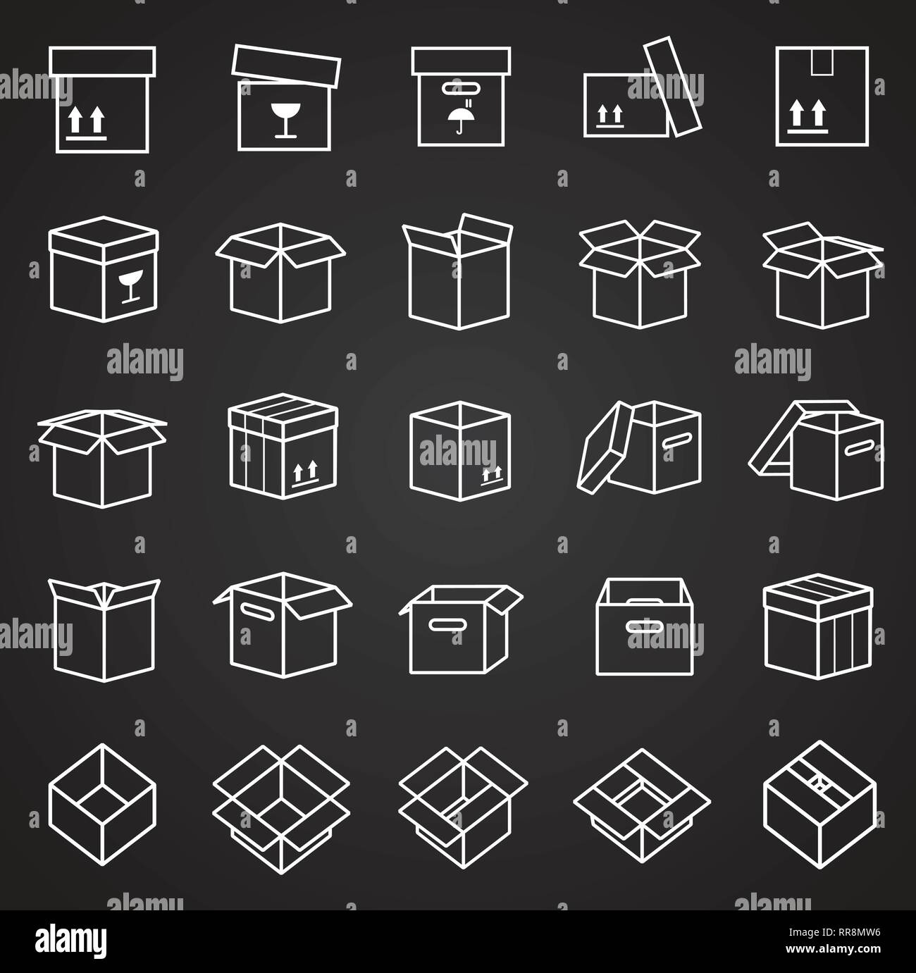 Box line icons set on black background for graphic and web design ...