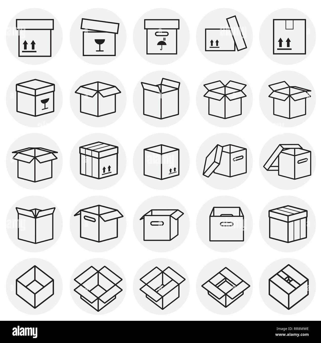 Box line icons set on circles background for graphic and web design ...