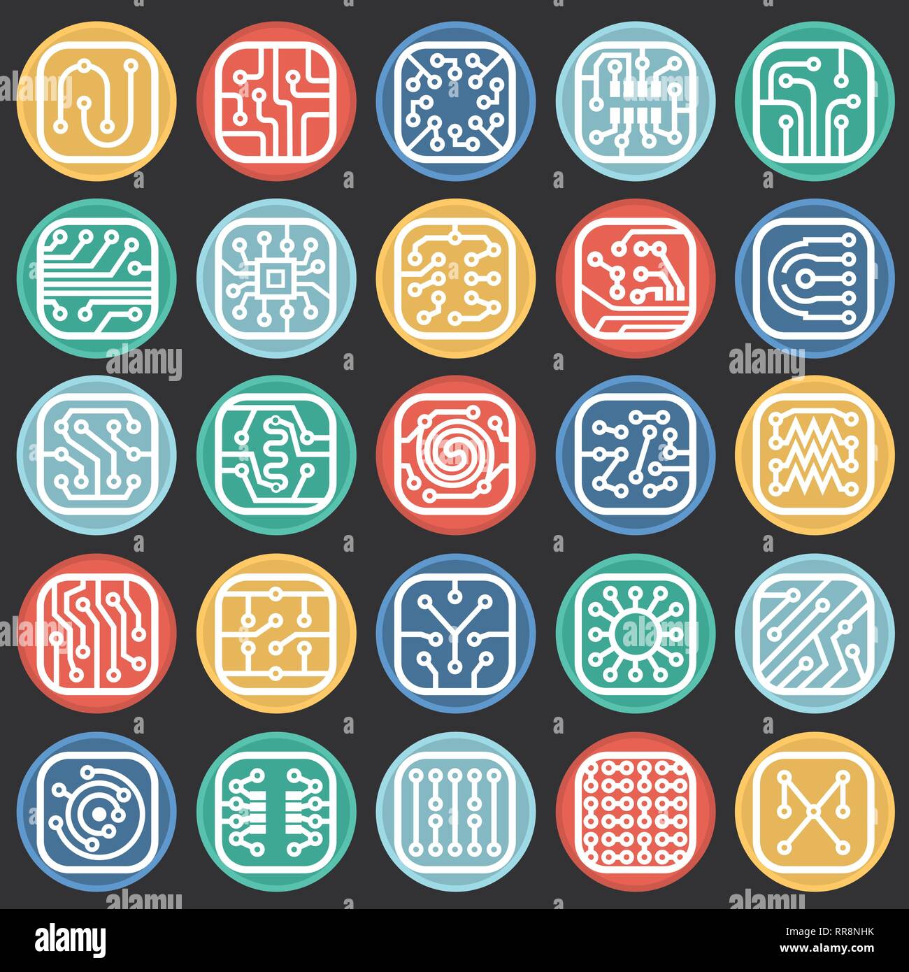Electronic circuit icons set on color circles black background for ...