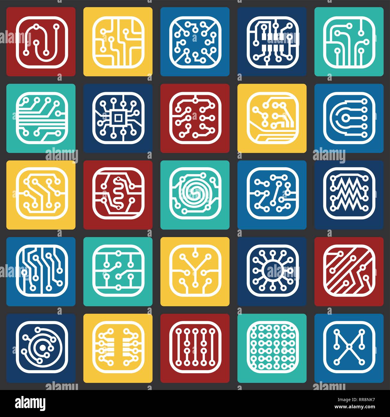 Electronic circuit icons set on color squares background for graphic ...