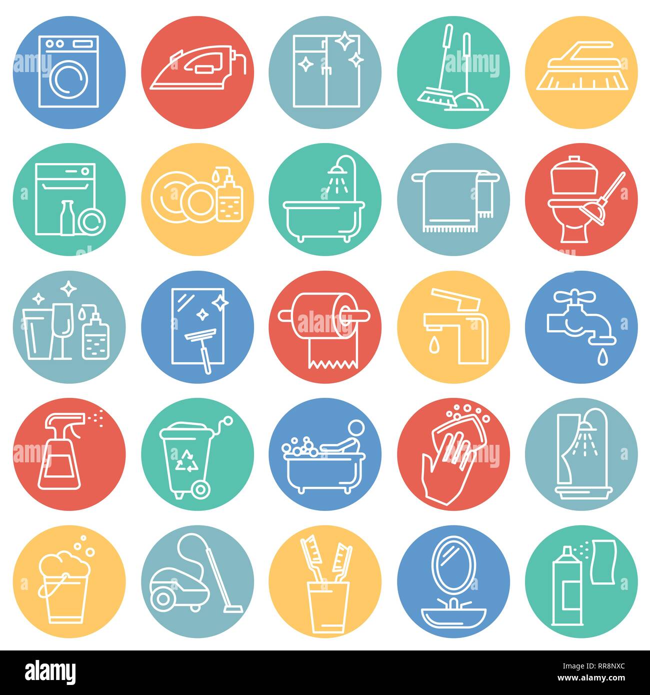 Cleaning icon set on color circles white background for graphic and web ...