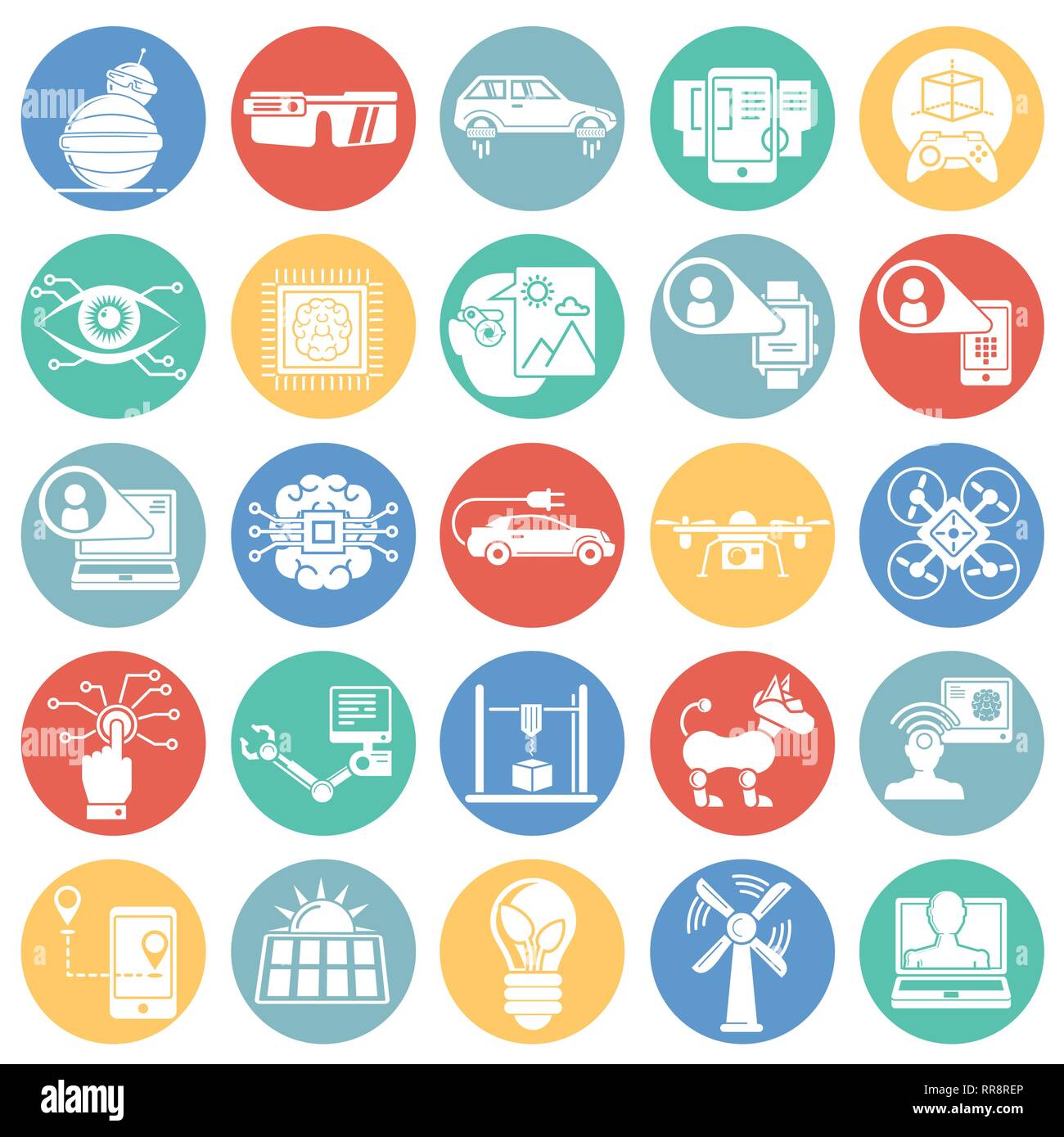 Future technologies icons set on color circles white background for ...