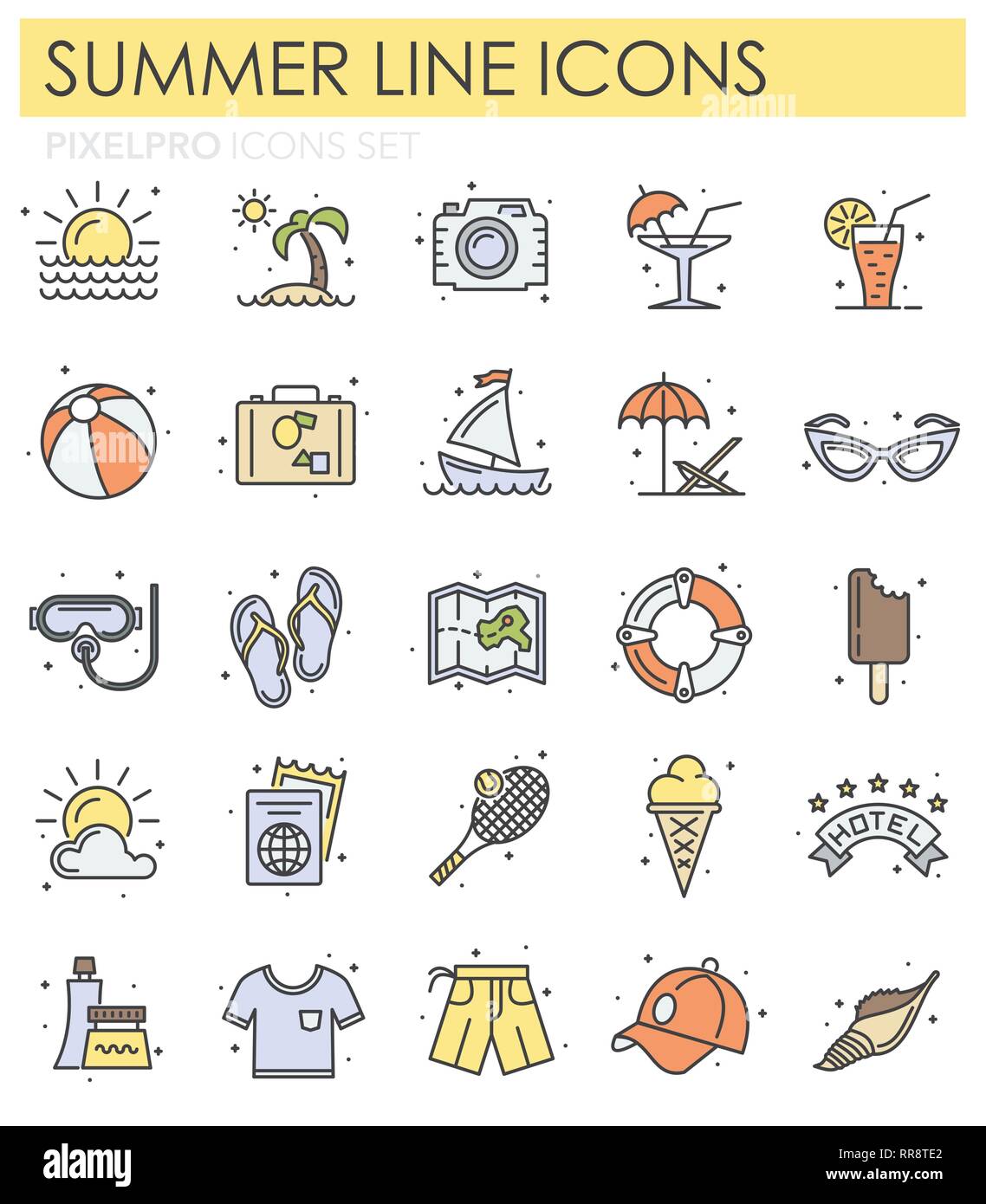 Summer color line icons set on white background for graphic and web ...