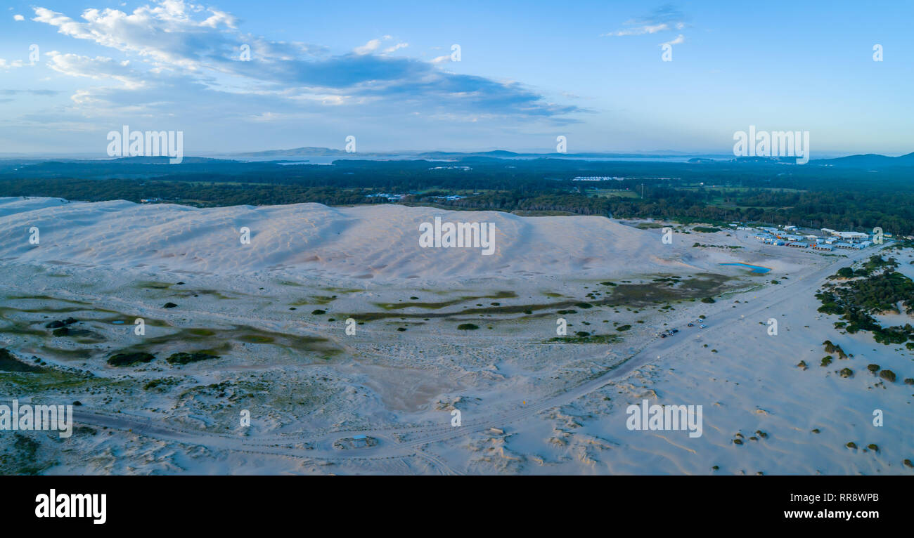 Aerial panorama of famous sand dunes in Anna Bay, New South Wales ...