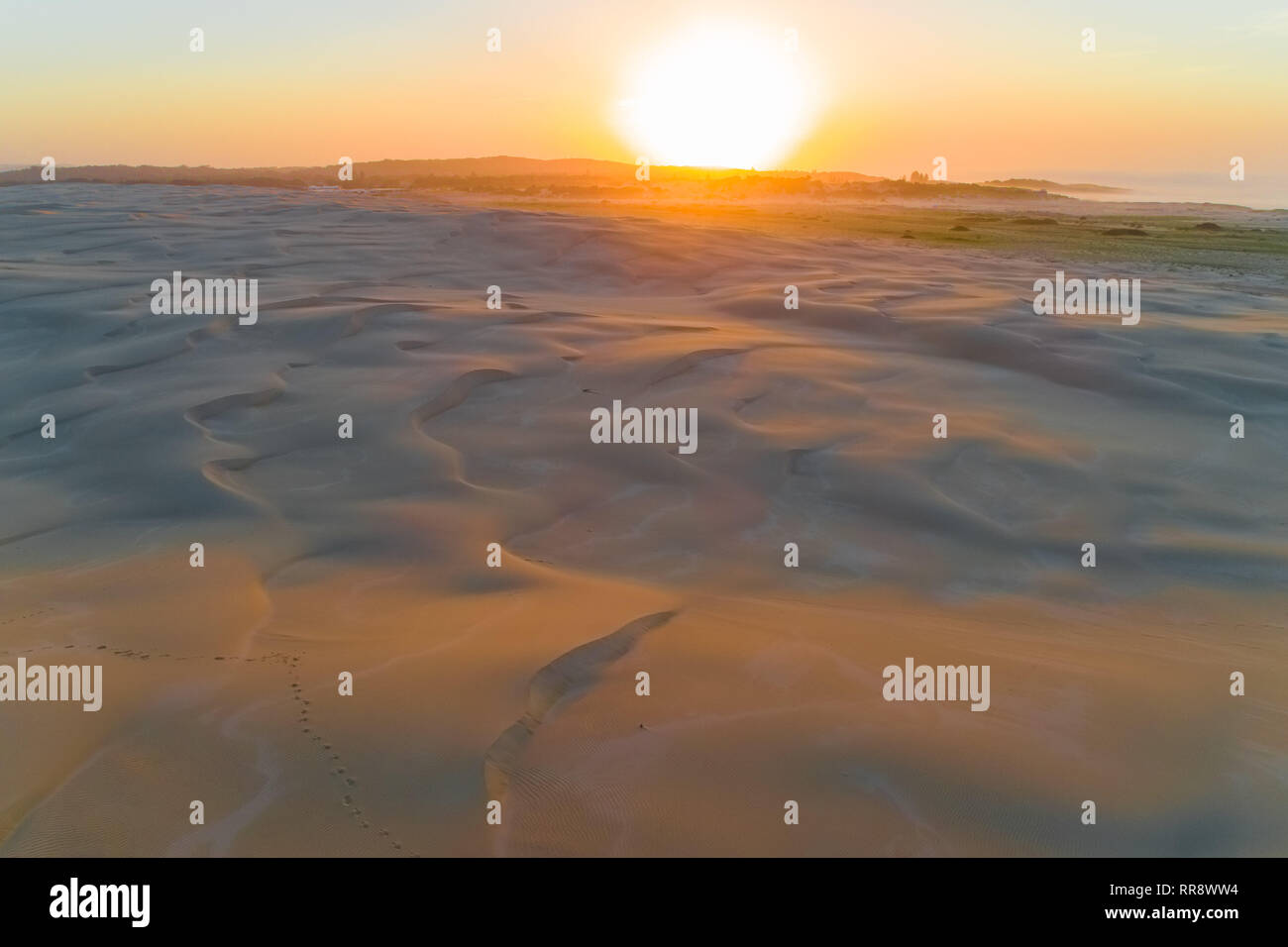 Breathtaking sunrise over famous sand dunes at Anna Bay, New South ...