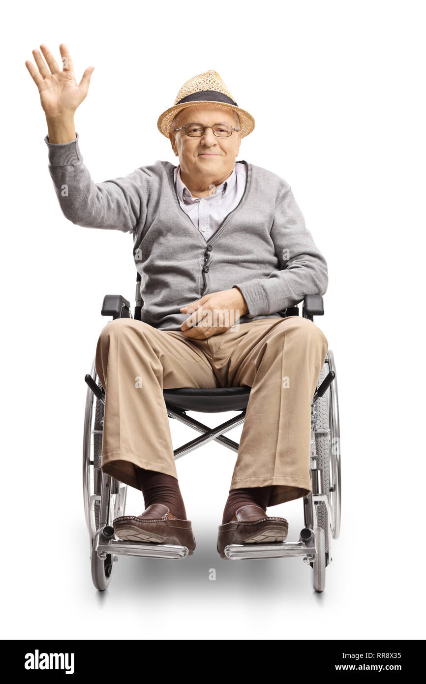 Full length portrait of a disabled senior man in a wheelchair looking ...