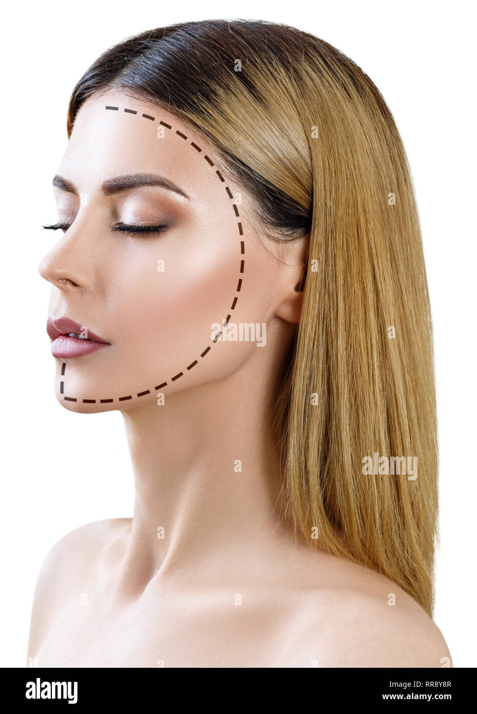 Beautiful female face with dotted line on face oval Stock Photo - Alamy