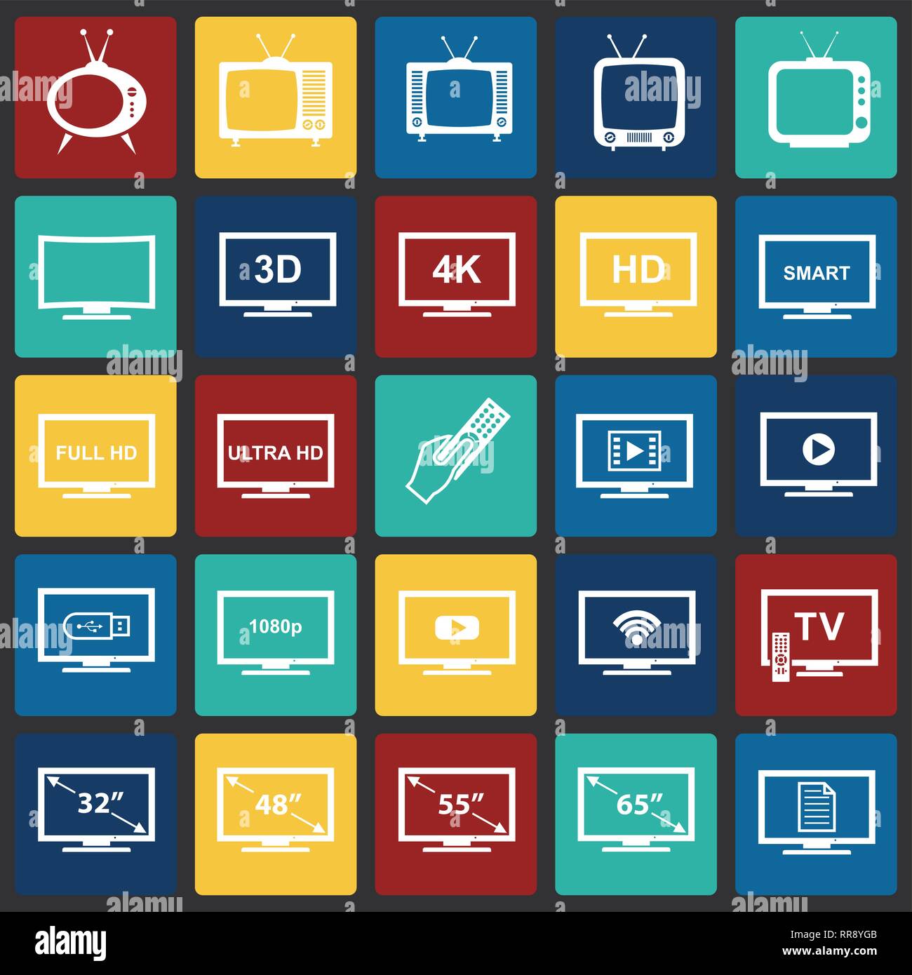 TV icons set on color squares background for graphic and web design ...