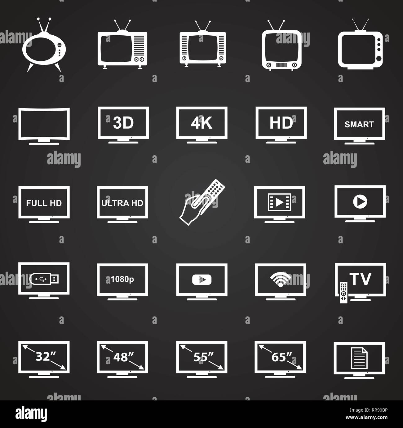 TV icons set on black background for graphic and web design, Modern ...