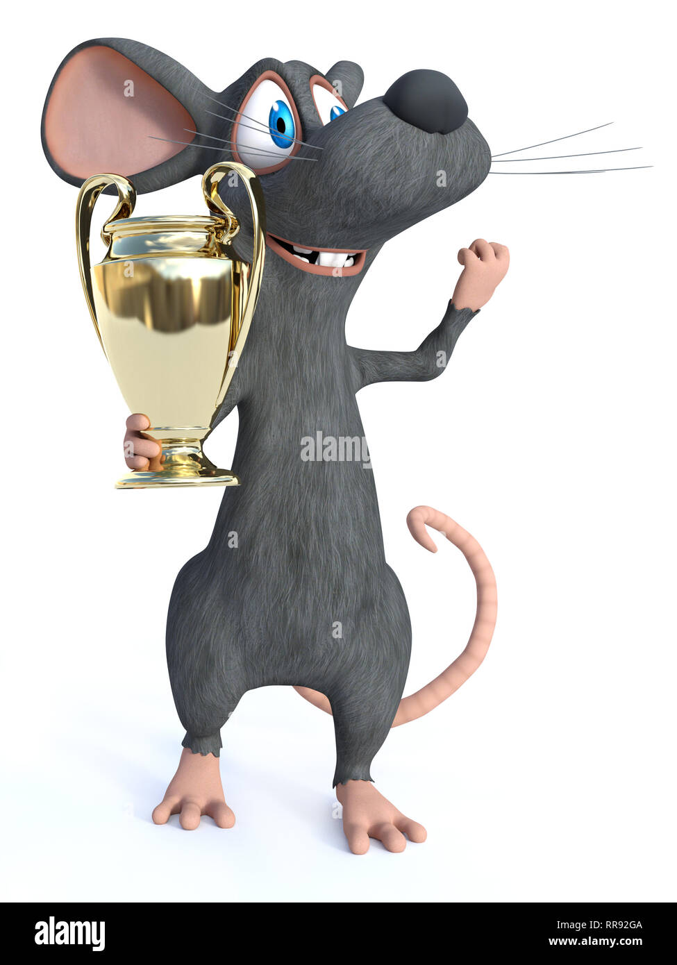 3D rendering of a cute smiling cartoon mouse holding golden prize ...