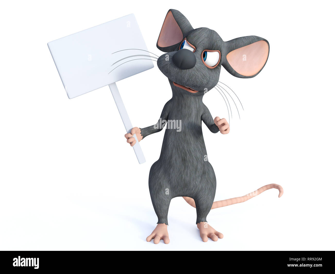 3D rendering of a cute cartoon mouse holding a blank sign. He is ...