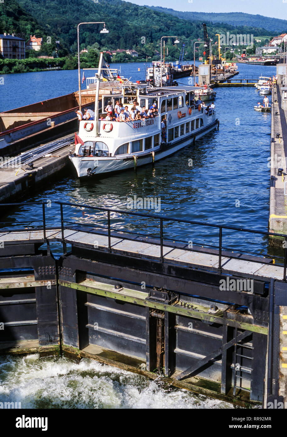 Germany.Heidelberg and the River Neckar. Pleasure boat going through a ...