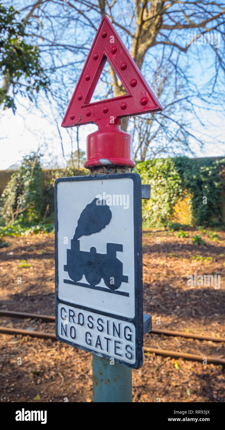 Train crossing sign at Hotham Park, Bognor Regis, West Sussex, UK Stock ...