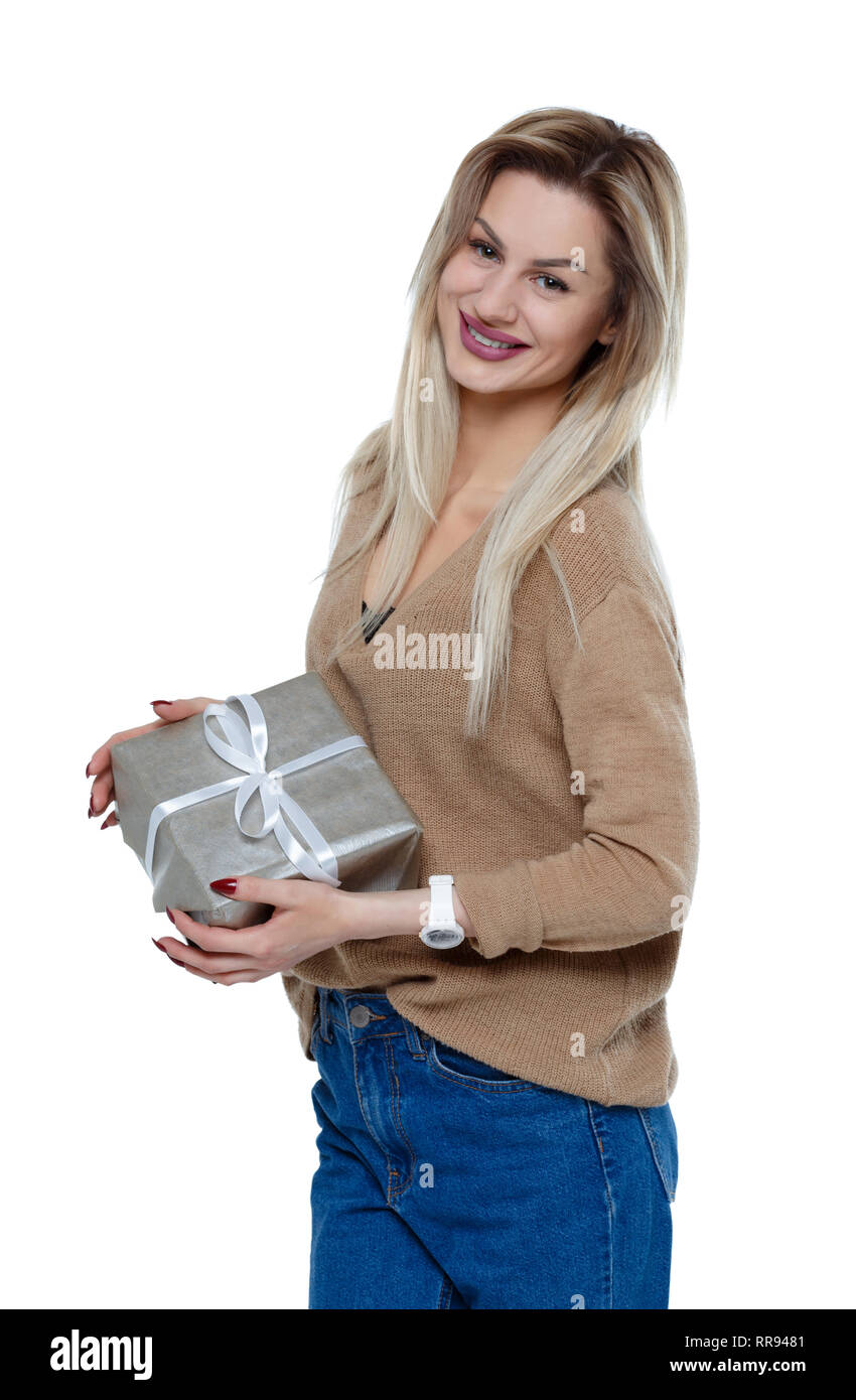 Front view of a woman with a gift box. Front view people collection ...