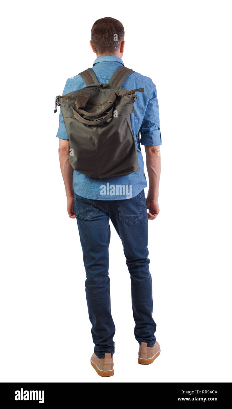 Back view of a man with a green bag. backside view of person. Rear view ...