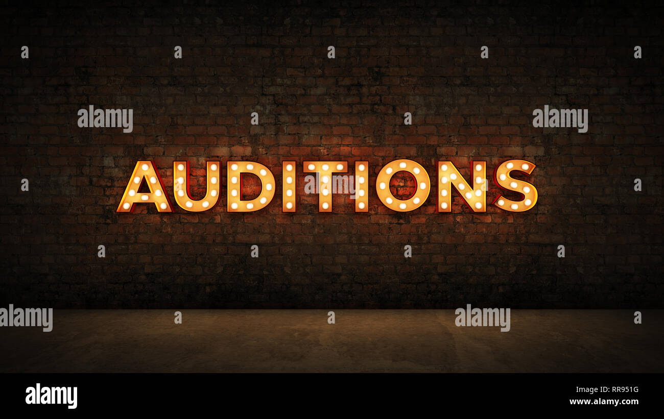 Neon Sign on Brick Wall background - Auditions. 3d rendering Stock ...