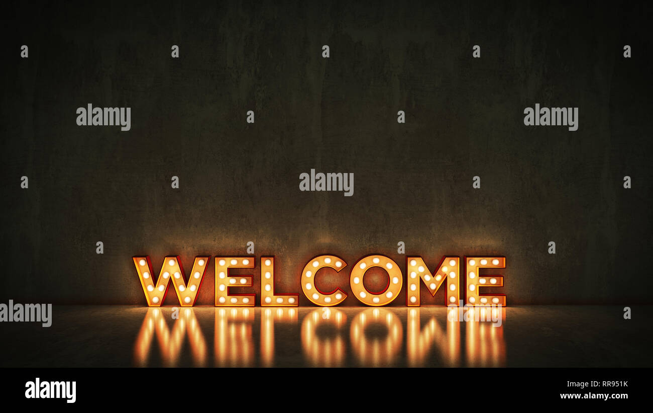 Neon Sign on Brick Wall background - Welcome. 3d rendering Stock Photo ...