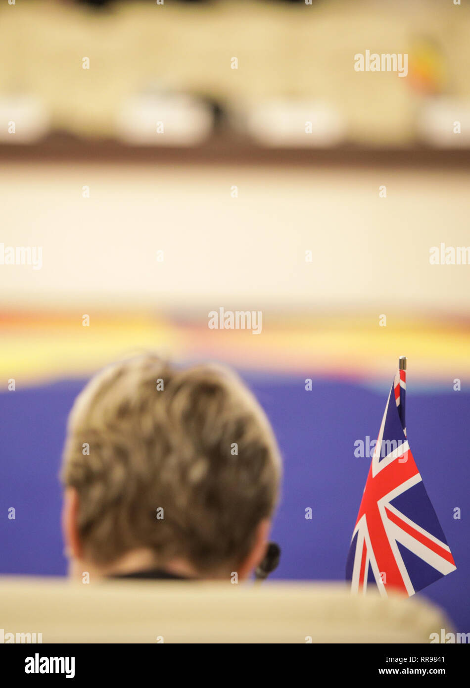 Details with the flag of the United Kingdom during a conference of ...