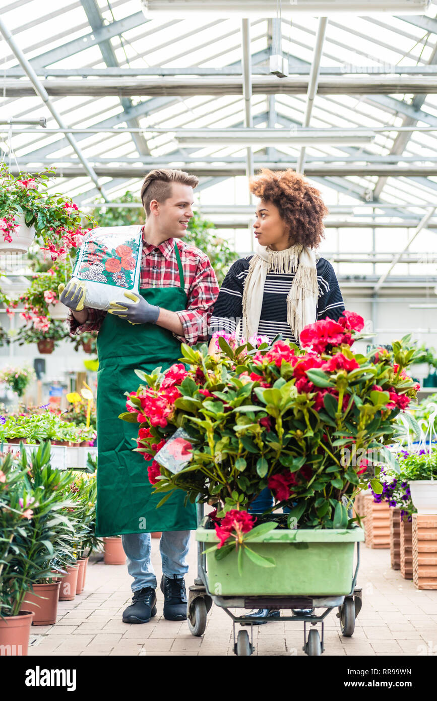 Cheerful worker talking with a beautiful customer in a modern flower ...