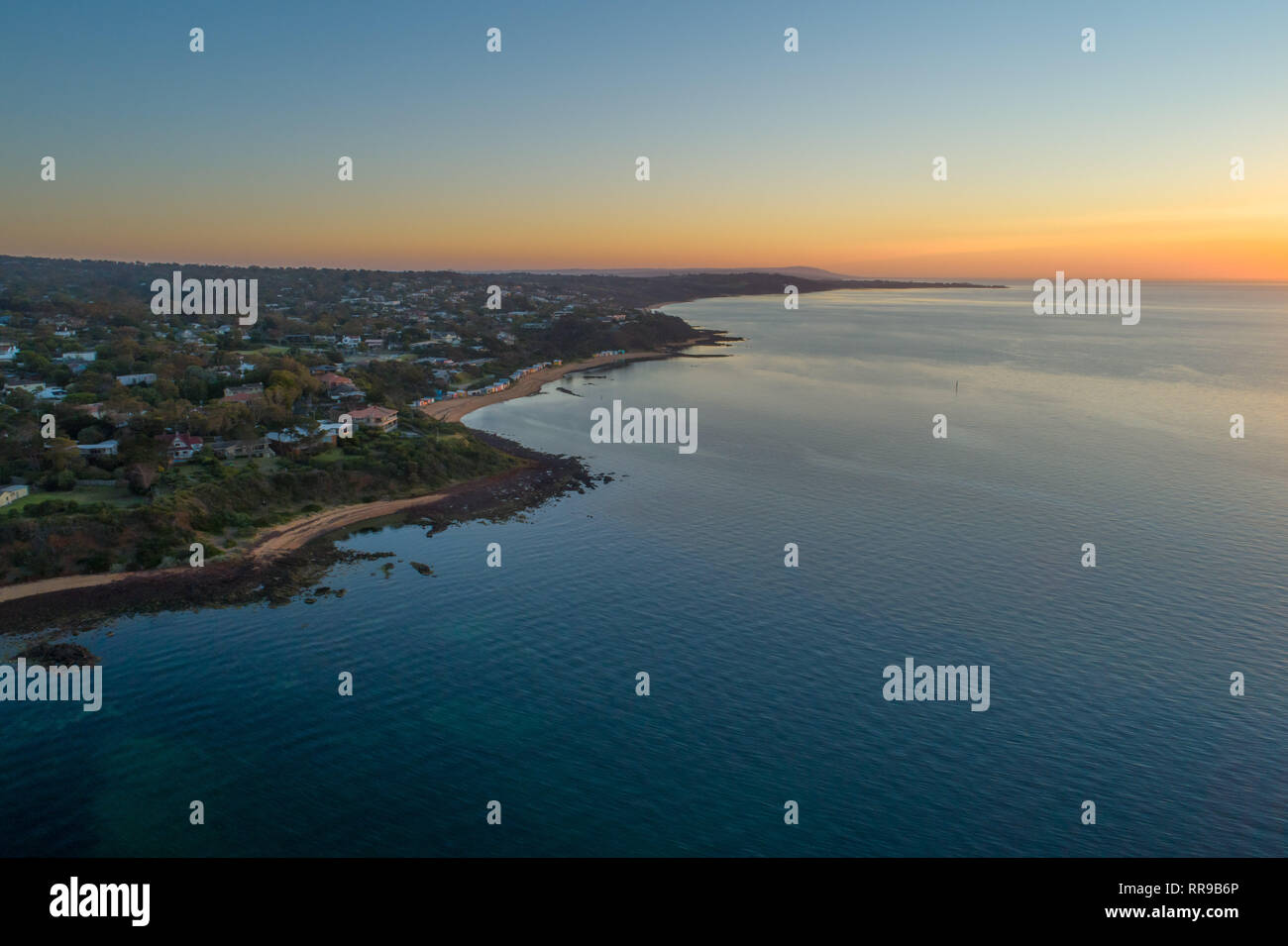Aerial view of Mount Eliza coastline and dusk. Mornington Peninsula ...