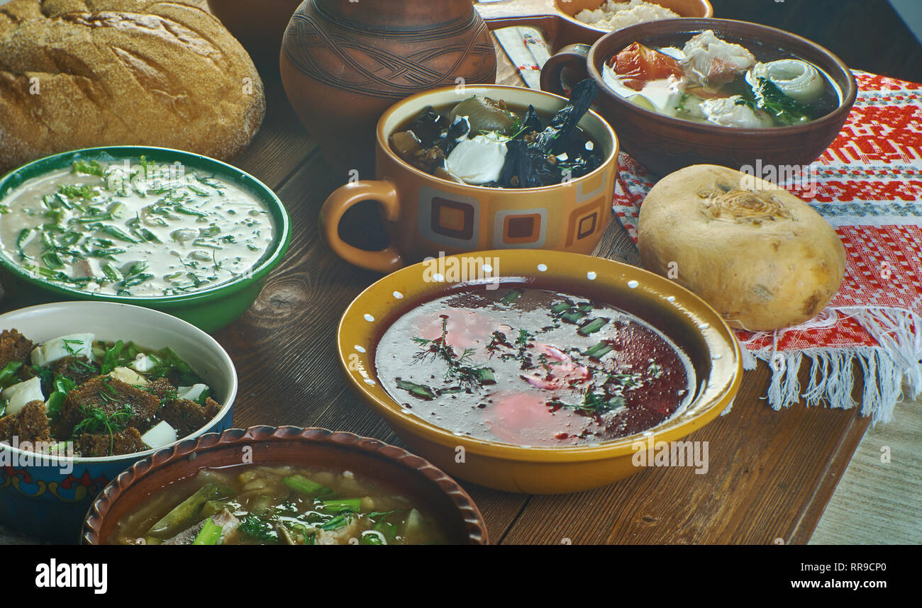 Russian traditional soups , assorted dishes, Top view Stock Photo - Alamy