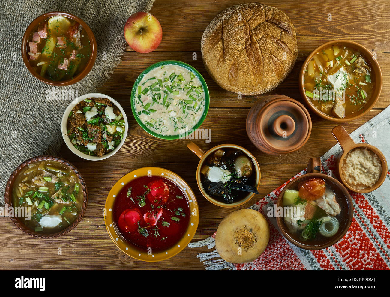 Russian traditional soups , assorted dishes, Top view Stock Photo - Alamy