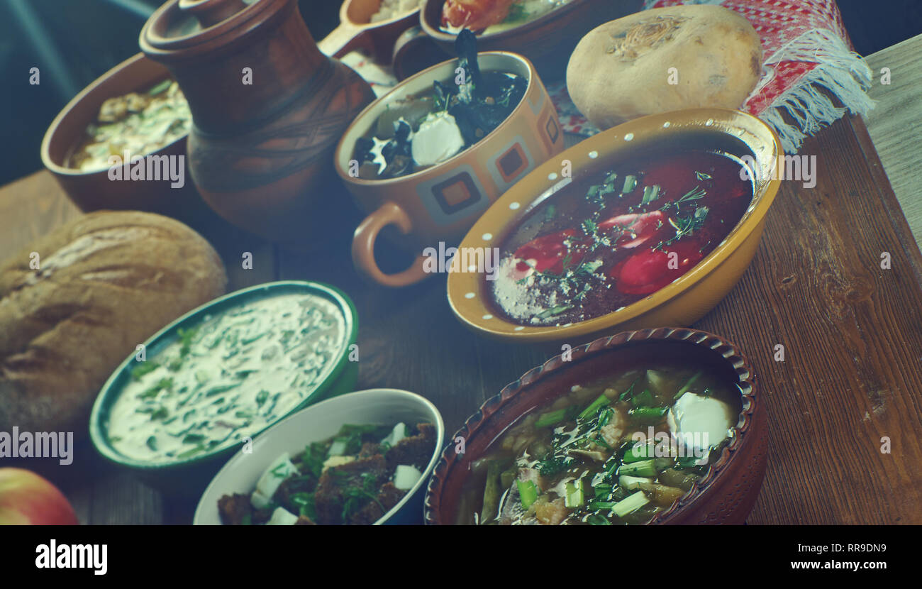 Russian traditional soups , assorted dishes, Top view Stock Photo - Alamy