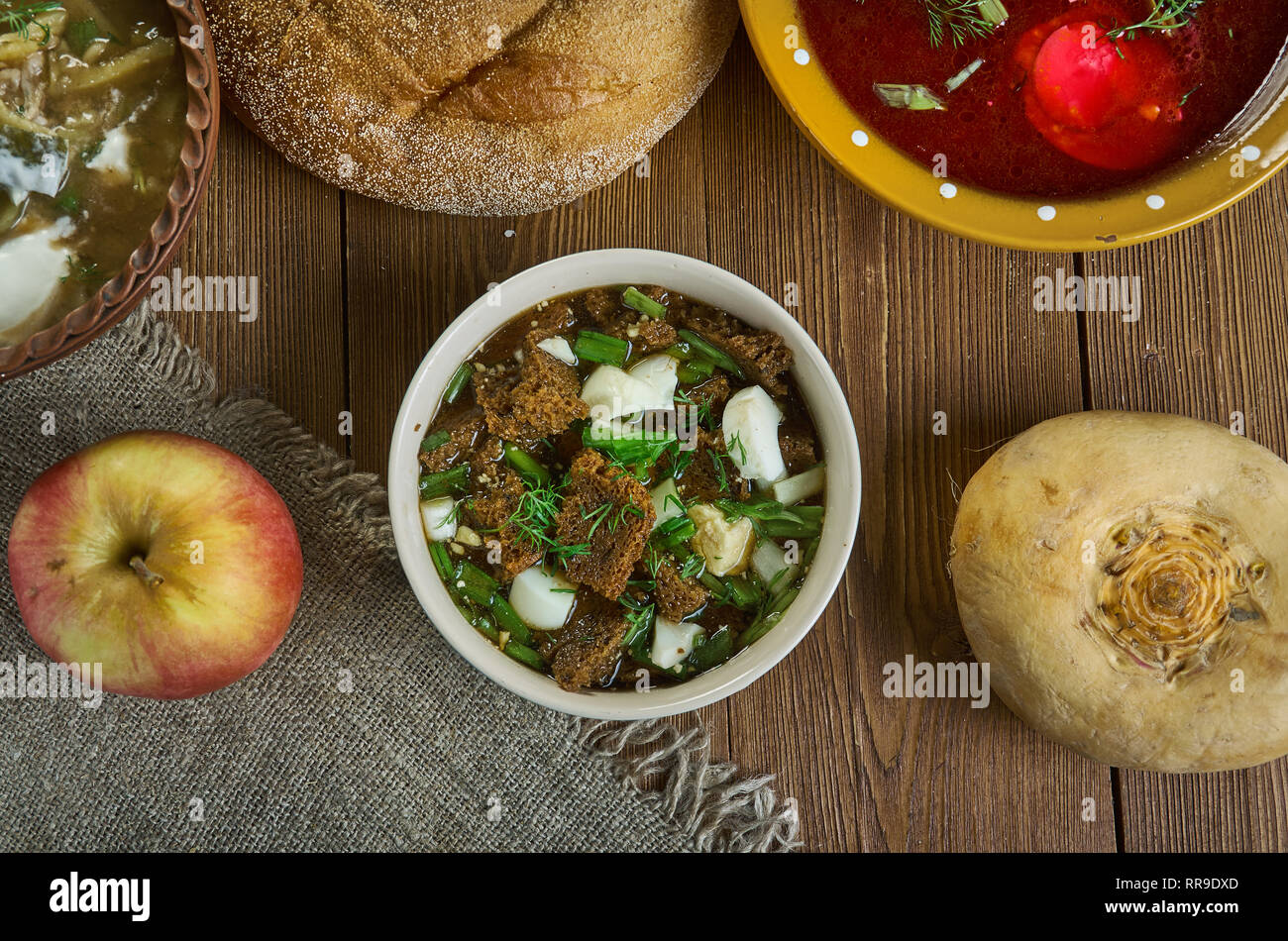 Turya, Russian traditional soups , assorted dishes, Top view Stock ...