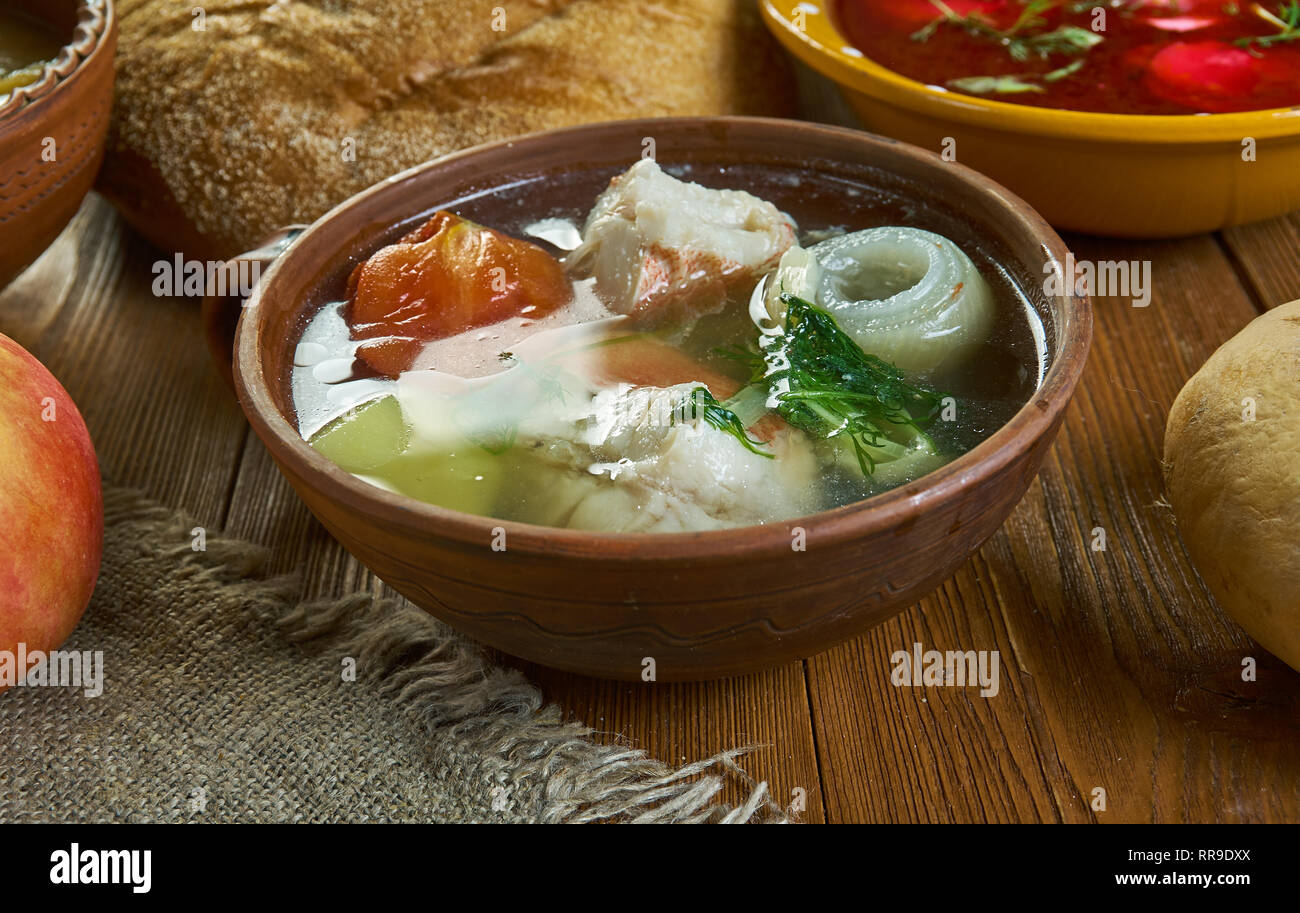 Siberian Ukha, Russian traditional fish soups , assorted dishes, Top ...