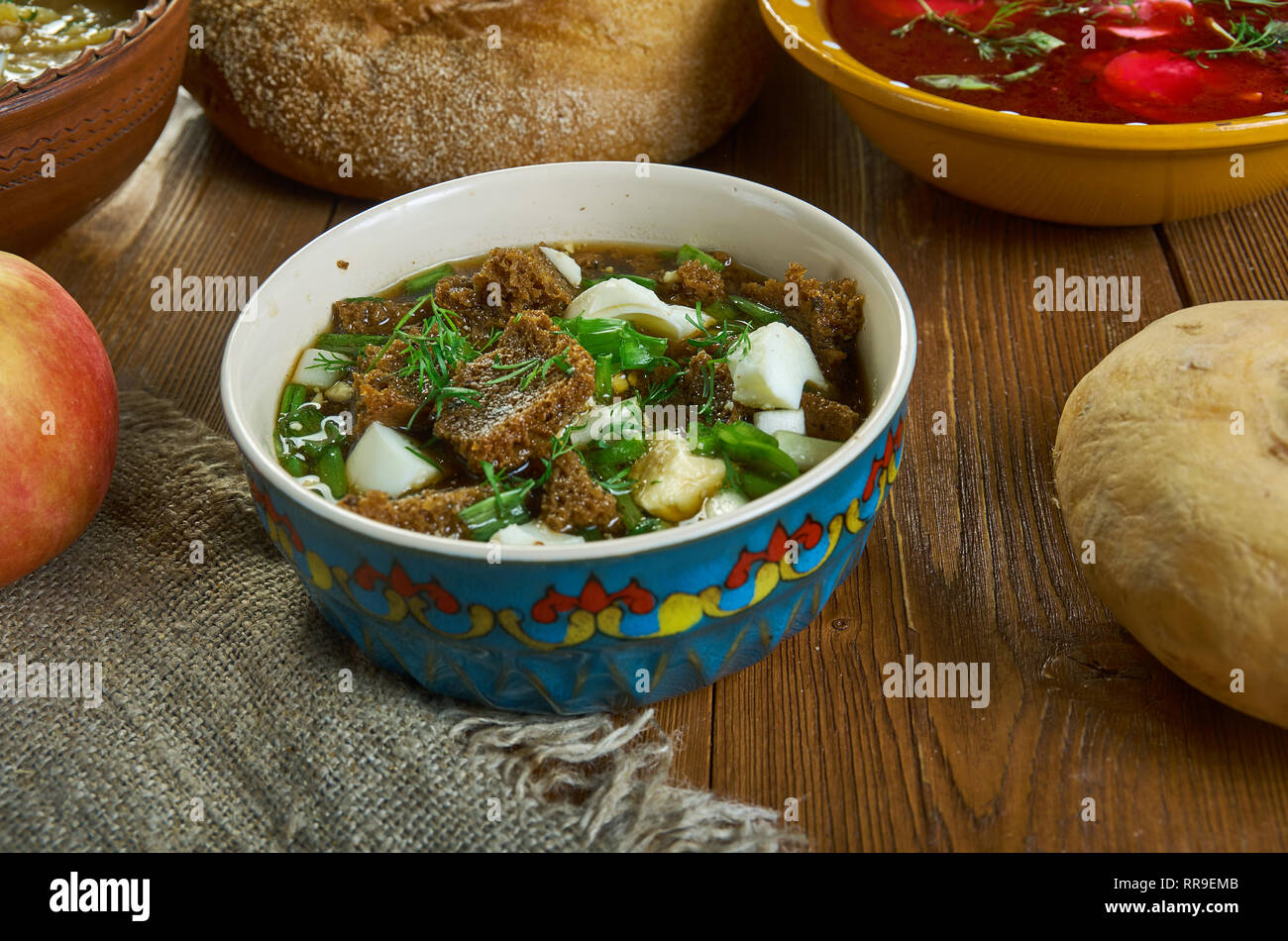 Turya, Russian traditional soups , assorted dishes, Top view Stock ...