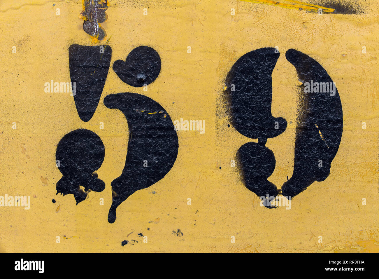 black number 59 stencil painted on yellow background, number 59, number ...