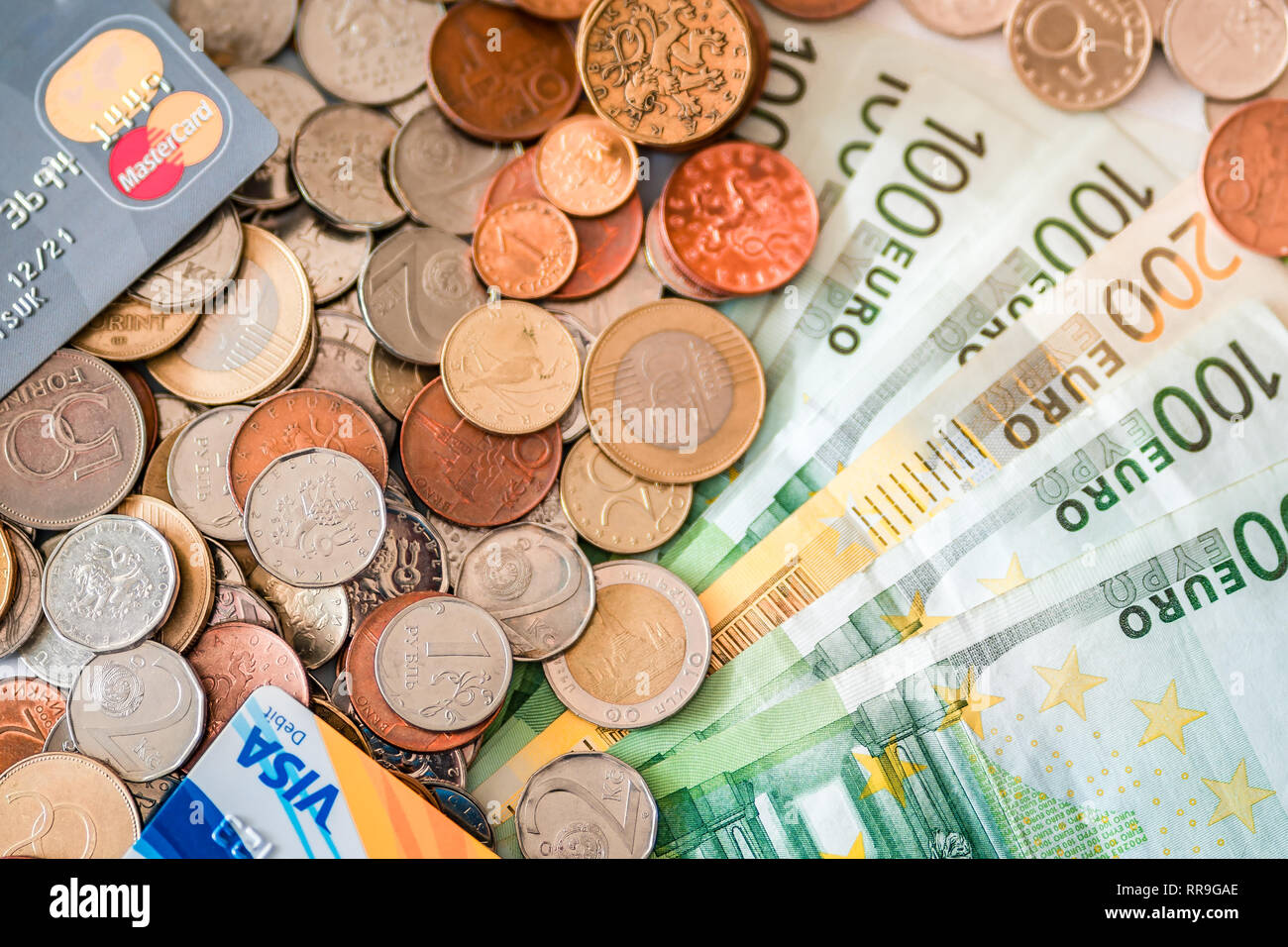 European coins and banknotes together with VISA and Mastercard credit ...