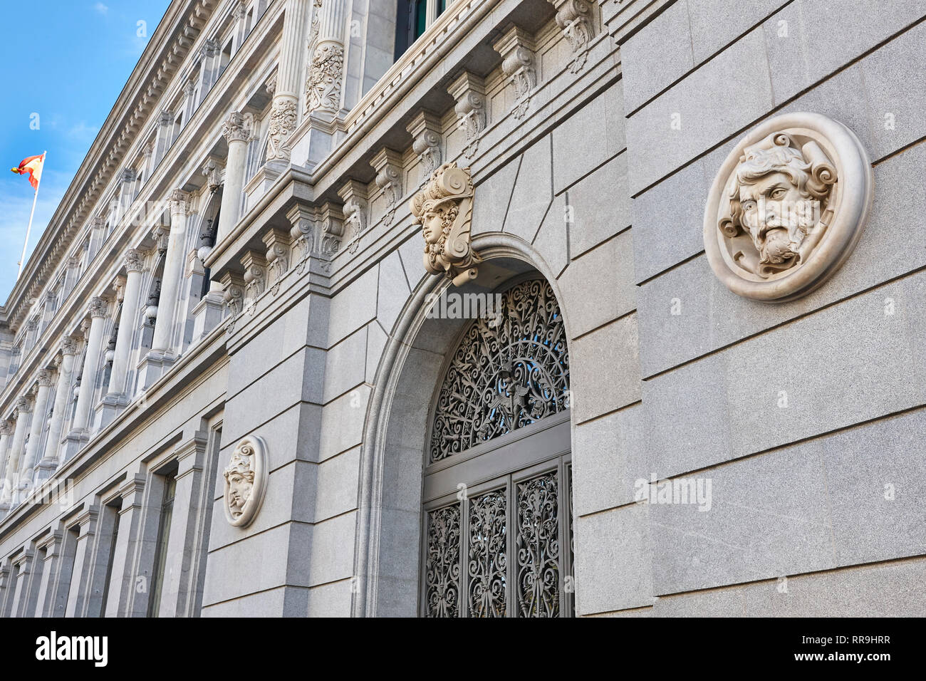 Bank of Spain. Historic building facade in Madrid city center Stock ...