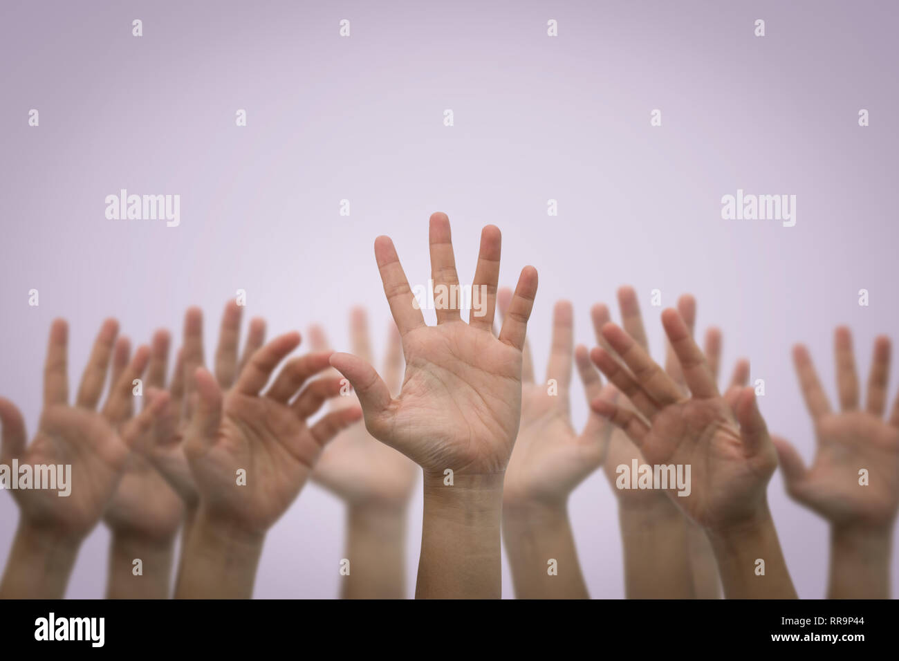 Group of human hands raised high up on pink background. Concept ...