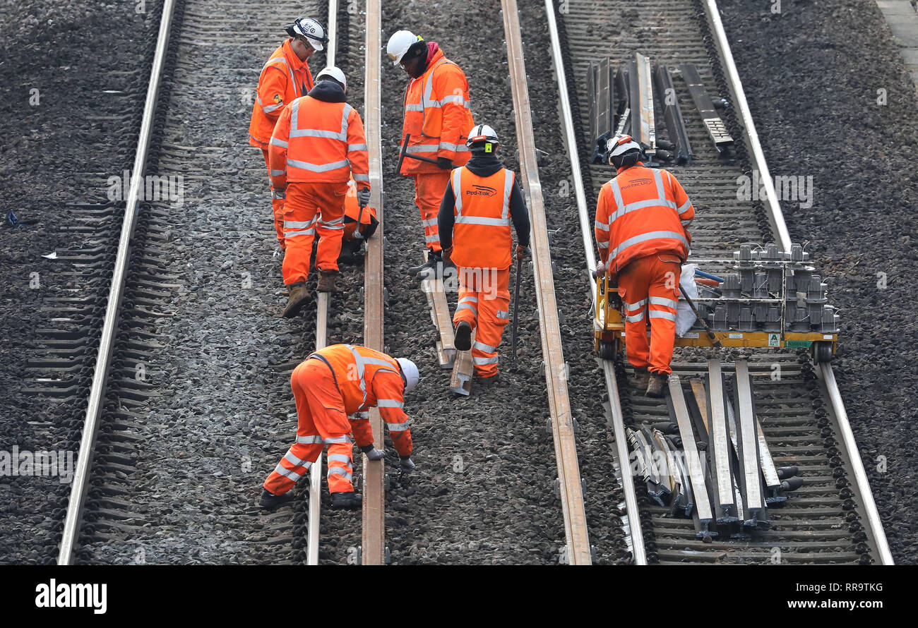 Network Rail engineers work on the track at the Southern end of the ...
