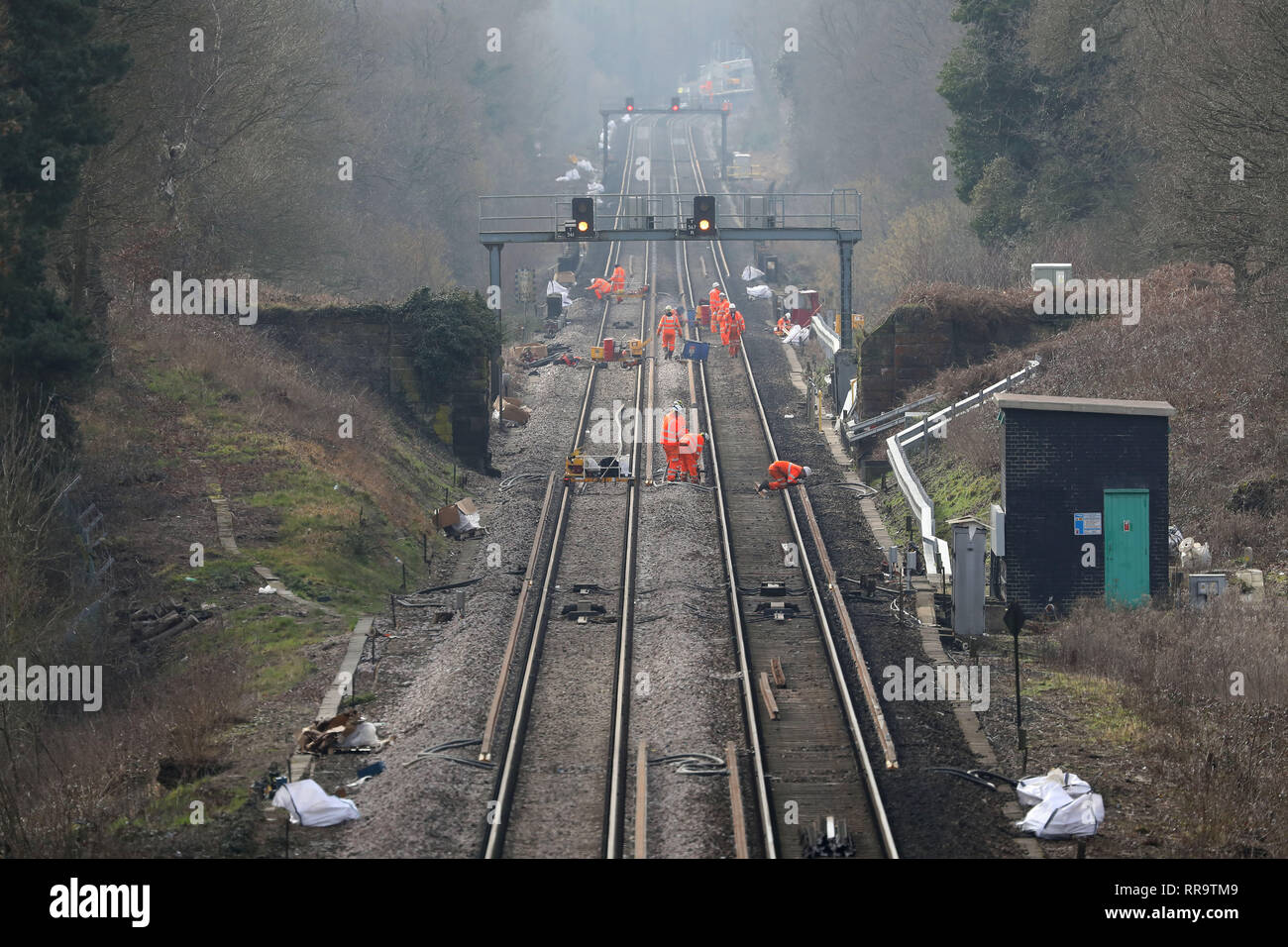 Railway engineers work on the track at the Southern end of the Brighton ...