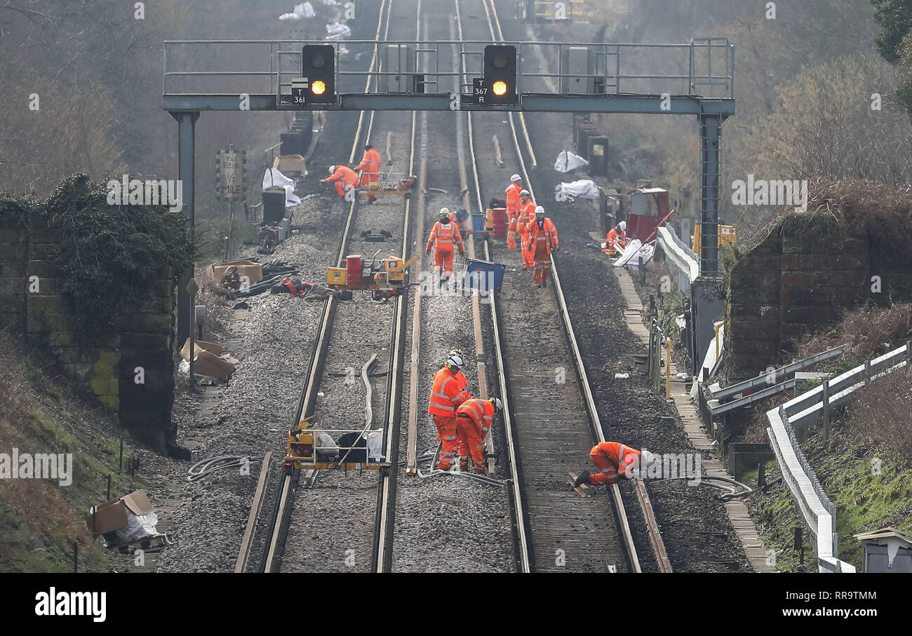 Network Rail engineers work on the track at the Southern end of the ...