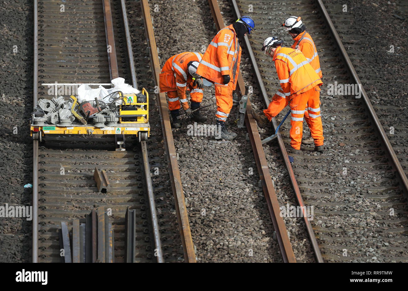 Railway engineers work on the track at the Southern end of the Brighton ...