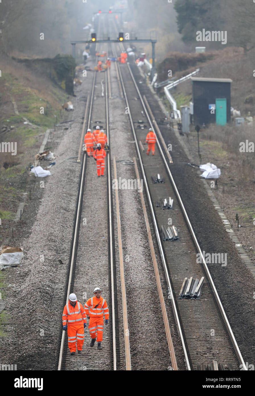 Railway engineers work on the track at the Southern end of the Brighton ...