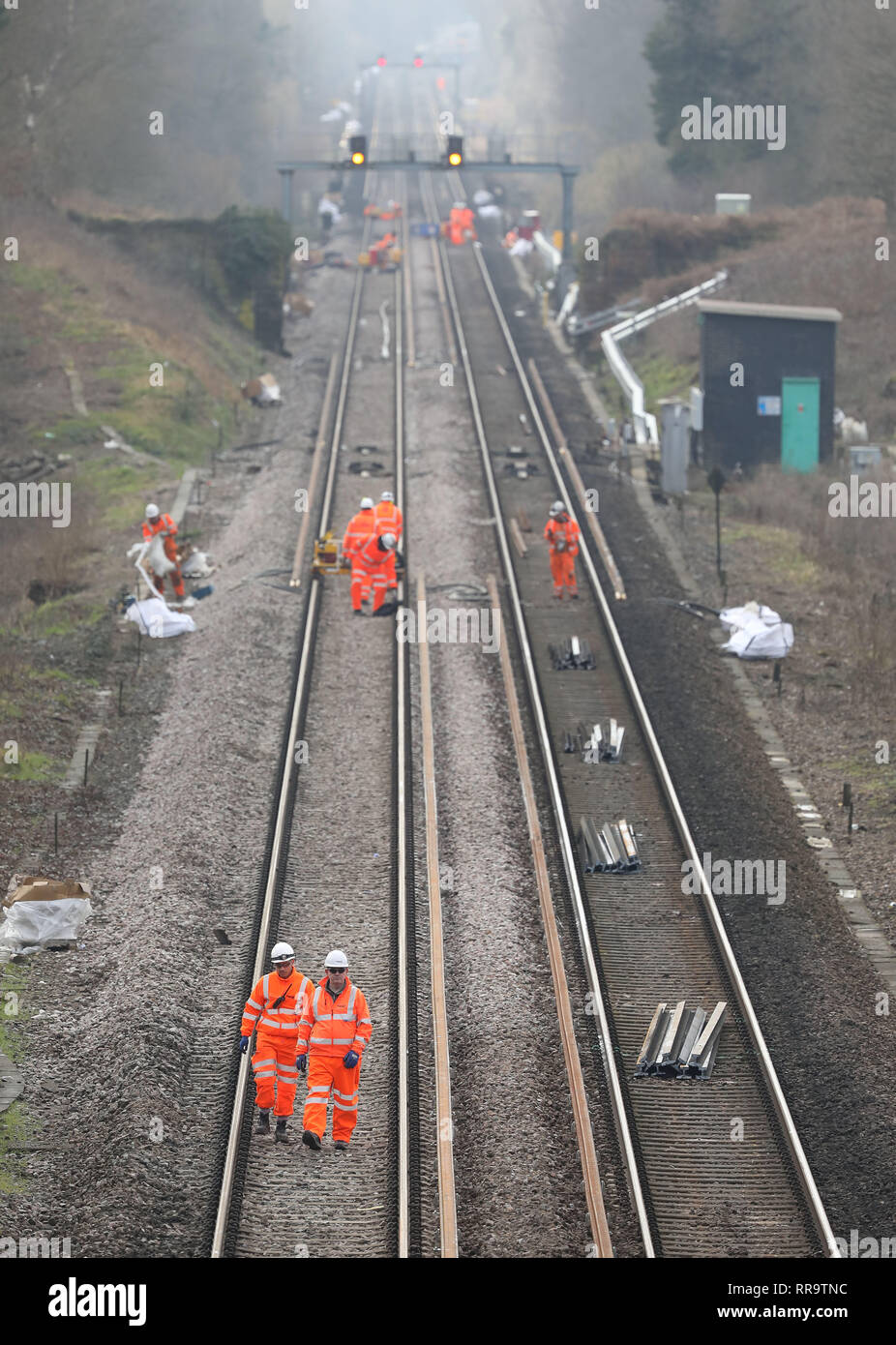 Railway engineers work on the track at the Southern end of the Brighton ...